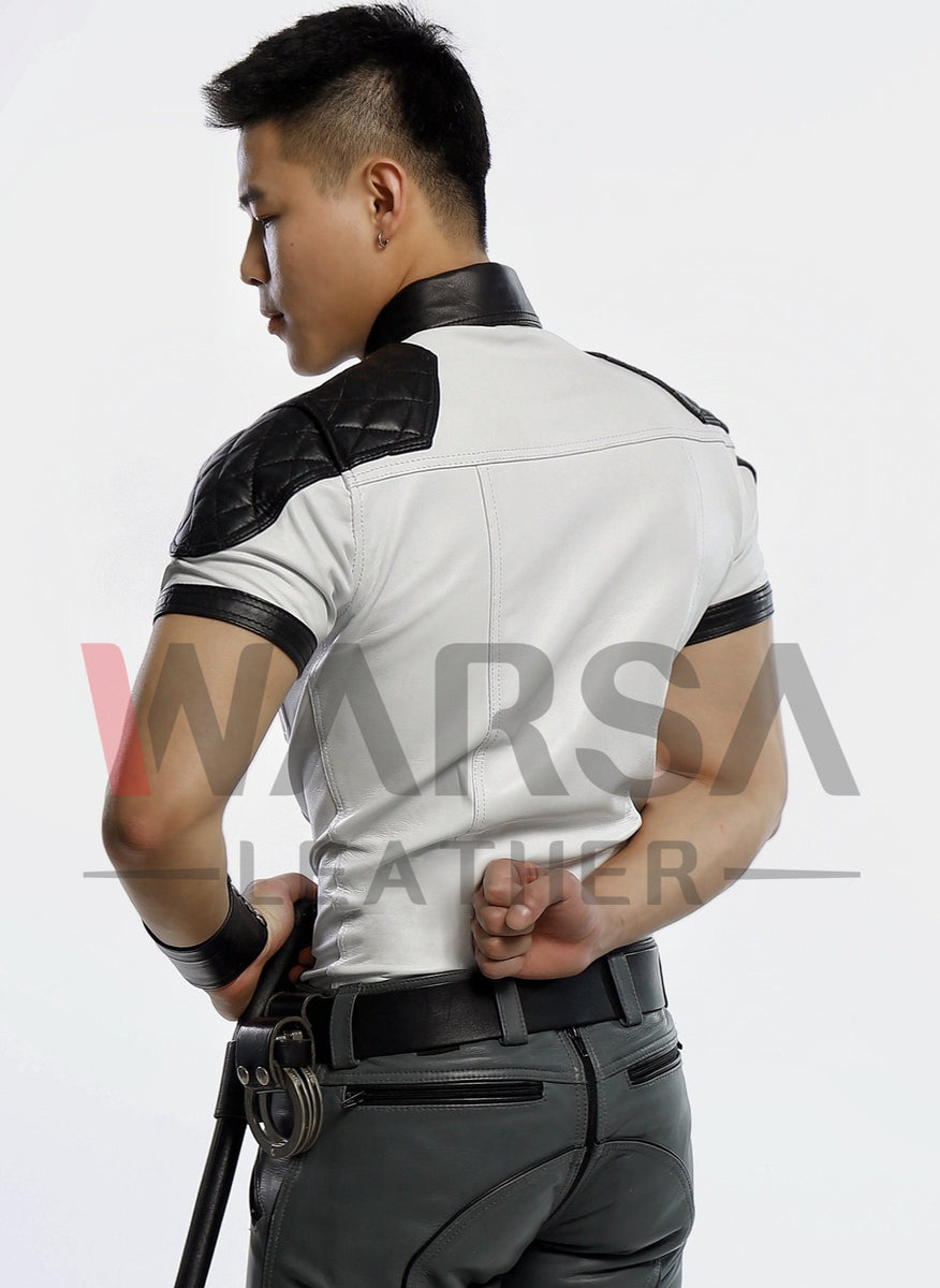White & Black Quilted Leather Shirt – Warsa Leather